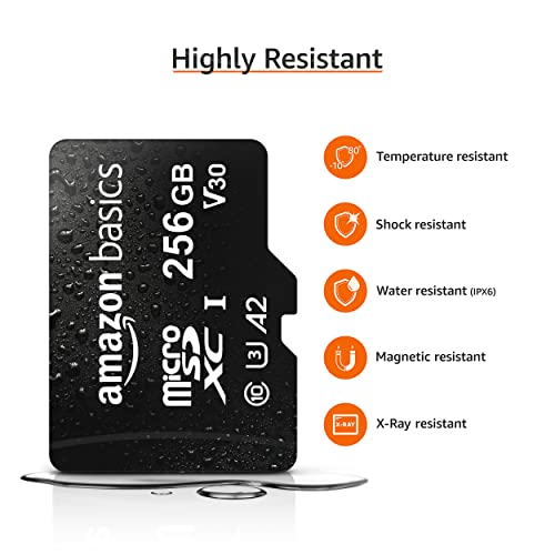 Amazon Basics microSDXC Memory Card with Full Size Adapter, A2, U3, Read Speed up to 100 MB/s, 256 GB