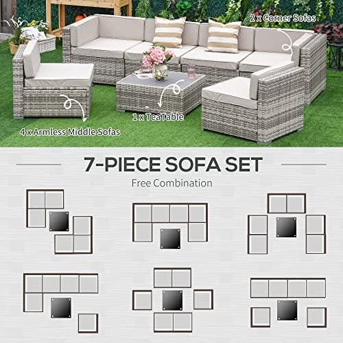 Outsunny 7-Piece Patio Furniture Sets Outdoor Wicker Conversation Sets All Weather PE Rattan Sectional Sofa Set with Cushions & Slat Plastic Wood Table, Beige