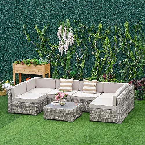 Outsunny 7-Piece Patio Furniture Sets Outdoor Wicker Conversation Sets All Weather PE Rattan Sectional Sofa Set with Cushions & Slat Plastic Wood Table, Beige