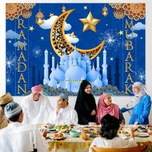 Large 71" X 49" Ramadan Backdrop, Ramadan Decorations for Home, Ramadan Decorations for Wall, Blue Ramadan Mubarak Banner for Muslim Ramadan Mubarak Party Decorations tineit