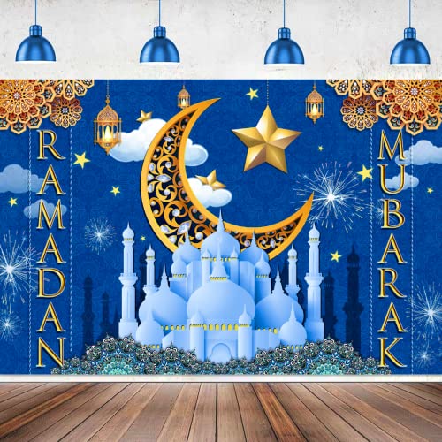 Large 71" X 49" Ramadan Backdrop, Ramadan Decorations for Home, Ramadan Decorations for Wall, Blue Ramadan Mubarak Banner for Muslim Ramadan Mubarak Party Decorations tineit