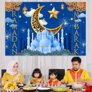 Large 71" X 49" Ramadan Backdrop, Ramadan Decorations for Home, Ramadan Decorations for Wall, Blue Ramadan Mubarak Banner for Muslim Ramadan Mubarak Party Decorations tineit