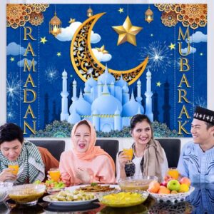 Large 71" X 49" Ramadan Backdrop, Ramadan Decorations for Home, Ramadan Decorations for Wall, Blue Ramadan Mubarak Banner for Muslim Ramadan Mubarak Party Decorations tineit