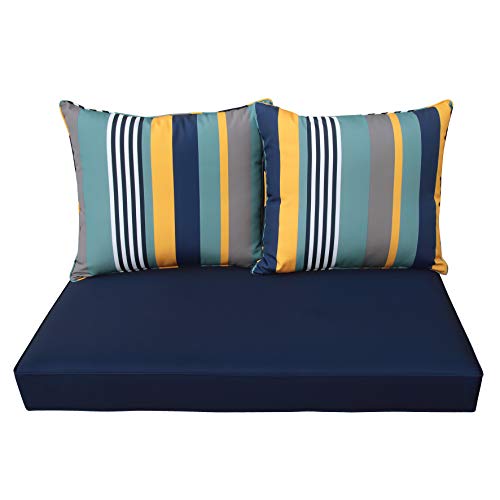 BOSSIMA Patio Furniture Cushions Comfort Deep Seat Glider Loveseat Cushion Indoor Outdoor Seating Cushions (Navy Blue Yellow White Stripe)