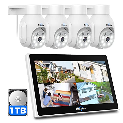 Hiseeu Wireless Security Camera System, 4PCS 3MP Outdoor Camera with 10in LCD, 2-Way Audio, PTZ, Night Vision, Motion Alert, 1T, 10CH Expandable