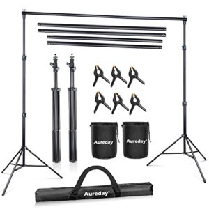 aureday backdrop stand, 8.5x10ft adjustable photo backdrop stand for parties, heavy duty background stand with travel bag, 6 backdrop clamps, 4 crossbars, 2 sandbags for wedding/decorations/photoshoot