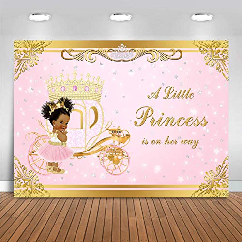 Mocsicka Gold Princess Backdrop Pink Little Princess is On The Way Baby Shower Photography Background Vinyl Glitter Gold Princess Carriage Geometrical Decoration Newborn Props (7x5ft)