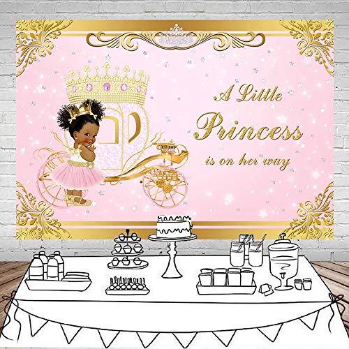 Mocsicka Gold Princess Backdrop Pink Little Princess is On The Way Baby Shower Photography Background Vinyl Glitter Gold Princess Carriage Geometrical Decoration Newborn Props (7x5ft)