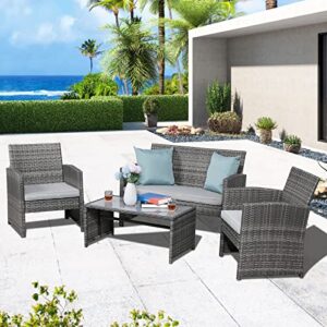 patiorama 4 pieces outdoor patio furniture sets garden rattan chair wicker set, poolside lawn chairs with tempered glass coffee table porch furniture (light grey)