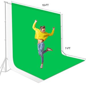 2 Pack 10 X 7 FT Green Screen & White Backdrop for Photography, Chromakey GreenScreen Pure Cloth Fabric Photo Background for Zoom Meetings Calls Photoshoot Video Studio Gaming YouTube with 4 Clamps