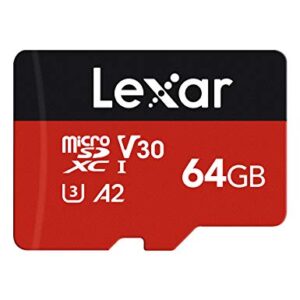 Lexar 64GB Micro SD Card, MicroSDXC Flash Memory Card with Adapter Up to 160MB/s, A2, U3, V30, C10, UHS-I, 4K UHD, Full HD, High Speed TF Card for Phones, Tablets, Drones, Dash Cam Security Camera