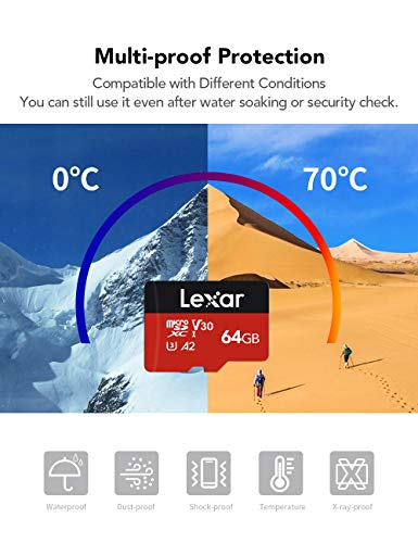 Lexar 64GB Micro SD Card, MicroSDXC Flash Memory Card with Adapter Up to 160MB/s, A2, U3, V30, C10, UHS-I, 4K UHD, Full HD, High Speed TF Card for Phones, Tablets, Drones, Dash Cam Security Camera