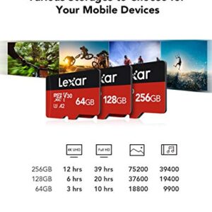 Lexar 64GB Micro SD Card, MicroSDXC Flash Memory Card with Adapter Up to 160MB/s, A2, U3, V30, C10, UHS-I, 4K UHD, Full HD, High Speed TF Card for Phones, Tablets, Drones, Dash Cam Security Camera