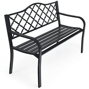 tangkula outdoor steel garden bench, patio park bench w/iron casted seat, armrest & backrest, outdoor welcome bench chair furniture suitable for garden patio yard