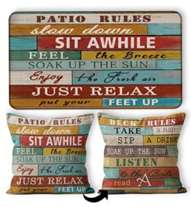 patio rules decorative doormat 17”x30”,patio rules deck rules reversible throw pillowcase 18”x18”,set of 1 pillow cover 1 doormat,farmhouse home porch patio garden door decor,housewarming gifts