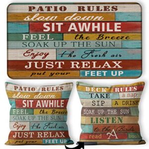 Patio Rules Decorative Doormat 17”X30”,Patio Rules Deck Rules Reversible Throw Pillowcase 18”X18”,Set of 1 Pillow Cover 1 Doormat,Farmhouse Home Porch Patio Garden Door Decor,Housewarming Gifts