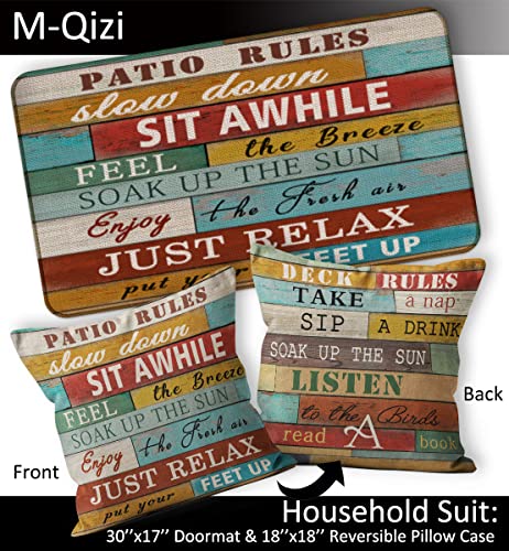 Patio Rules Decorative Doormat 17”X30”,Patio Rules Deck Rules Reversible Throw Pillowcase 18”X18”,Set of 1 Pillow Cover 1 Doormat,Farmhouse Home Porch Patio Garden Door Decor,Housewarming Gifts