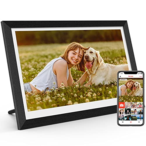 2023 FRAMEO 15.6’’ Large Digital Picture Frame with 1920x1080P FHD IPS Touch Screen, Up to 128GB Wooden WiFi Electronic Photo Frame Wall Mountable Easy Setup to Share Photos Videos Instantly Anywhere