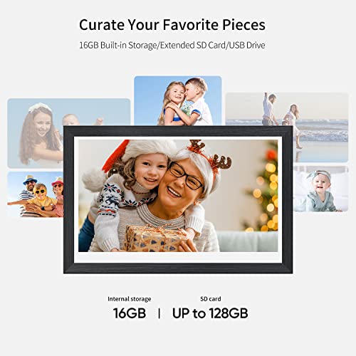 2023 FRAMEO 15.6’’ Large Digital Picture Frame with 1920x1080P FHD IPS Touch Screen, Up to 128GB Wooden WiFi Electronic Photo Frame Wall Mountable Easy Setup to Share Photos Videos Instantly Anywhere