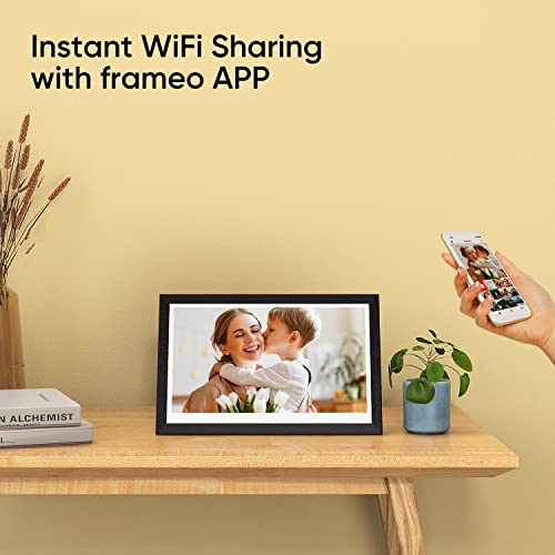 2023 FRAMEO 15.6’’ Large Digital Picture Frame with 1920x1080P FHD IPS Touch Screen, Up to 128GB Wooden WiFi Electronic Photo Frame Wall Mountable Easy Setup to Share Photos Videos Instantly Anywhere