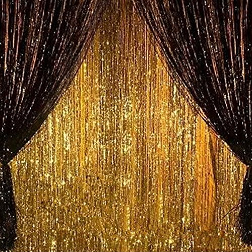 2PCS 3' X 8' Black and Gold Metallic Tinsel Foil Fringe Curtain Backdrop for 2023 New Years Eve, Halloween Party, Graduation Decoration