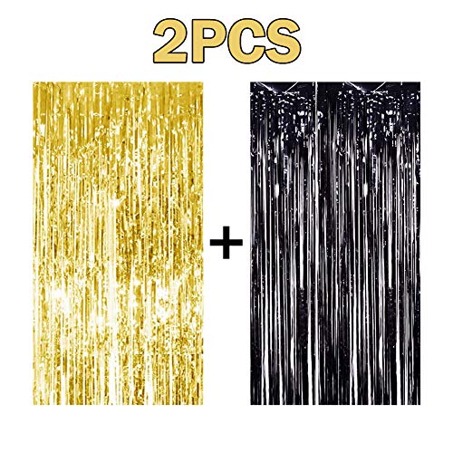 2PCS 3' X 8' Black and Gold Metallic Tinsel Foil Fringe Curtain Backdrop for 2023 New Years Eve, Halloween Party, Graduation Decoration