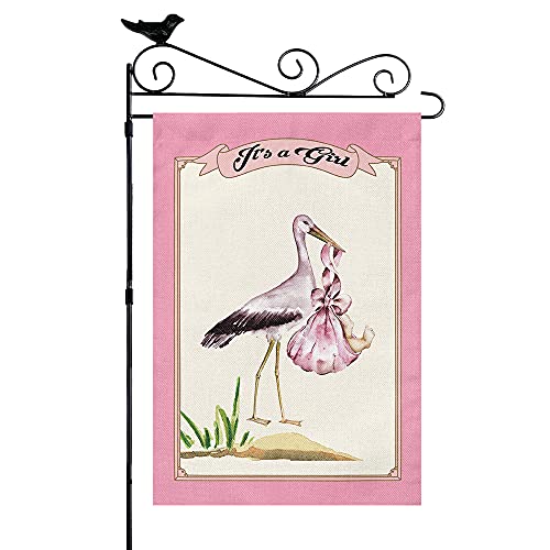 It's a Girl Flamingo Graden Flag, Stork Garden Flag, Bird Flag Burlap Vertical 12.5 X 18 Double Sided Small Flags for Home Yard Indoor Outdoor Decoration