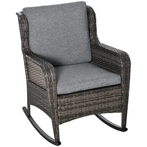 outsunny outdoor wicker rocking chair w/wide seat, thickened cushion, rattan rocker with steel frame, high weight capacity for patio, garden, backyard, mixed grey