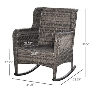 Outsunny Outdoor Wicker Rocking Chair w/Wide Seat, Thickened Cushion, Rattan Rocker with Steel Frame, High Weight Capacity for Patio, Garden, Backyard, Mixed Grey