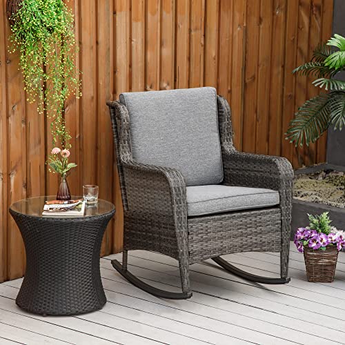 Outsunny Outdoor Wicker Rocking Chair w/Wide Seat, Thickened Cushion, Rattan Rocker with Steel Frame, High Weight Capacity for Patio, Garden, Backyard, Mixed Grey