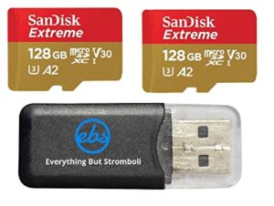 sandisk extreme microsd card 128gb memory card (two pack) for dji air 2s drone (sdsqxa1-128g-gn6mn) 4k video speed v30 uhs-i a2 160mb/s sdxc bundle with (1) everything but stromboli micro card reader