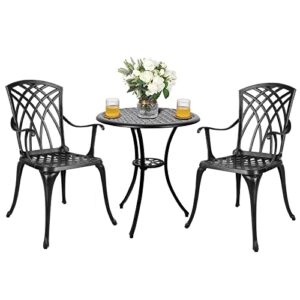 polar aurora 3 piece patio bistro set cast aluminum bistro table set outdoor round dining table with umbrella hole for porch, lawn, garden, backyard, pool,black