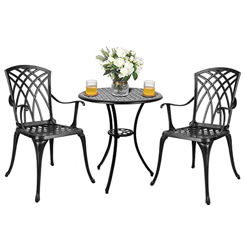 Polar Aurora 3 Piece Patio Bistro Set Cast Aluminum Bistro Table Set Outdoor Round Dining Table with Umbrella Hole for Porch, Lawn, Garden, Backyard, Pool,Black