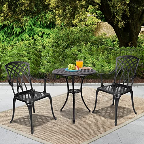 Polar Aurora 3 Piece Patio Bistro Set Cast Aluminum Bistro Table Set Outdoor Round Dining Table with Umbrella Hole for Porch, Lawn, Garden, Backyard, Pool,Black