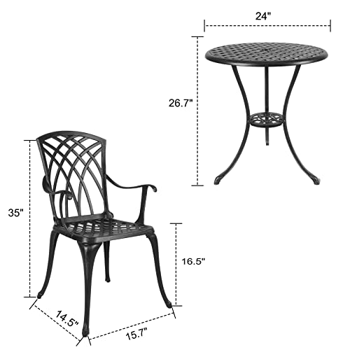 Polar Aurora 3 Piece Patio Bistro Set Cast Aluminum Bistro Table Set Outdoor Round Dining Table with Umbrella Hole for Porch, Lawn, Garden, Backyard, Pool,Black