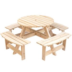 Gardenised Wooden Outdoor Patio Garden Round Picnic Table with Bench, 8 Person-Natural