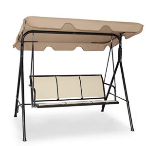 tangkula 3 person patio swing, steel frame with polyester angle adjustable canopy, all weather resistant swing bench, suitable for patio, garden, poolside, balcony (brown)