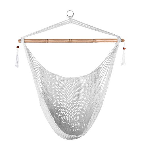 Lazy Daze Hammocks Hanging Chair Caribbean Swing Chair Hammock Chair w/Soft-Spun Cotton Rope, 40" Hardwood Spreader Bar Wide Seat, Max 300 Pounds, for Indoor Outdoor Garden Yard, White with Macrame