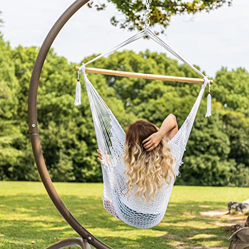 Lazy Daze Hammocks Hanging Chair Caribbean Swing Chair Hammock Chair w/Soft-Spun Cotton Rope, 40" Hardwood Spreader Bar Wide Seat, Max 300 Pounds, for Indoor Outdoor Garden Yard, White with Macrame