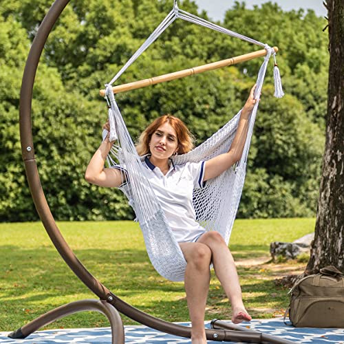 Lazy Daze Hammocks Hanging Chair Caribbean Swing Chair Hammock Chair w/Soft-Spun Cotton Rope, 40" Hardwood Spreader Bar Wide Seat, Max 300 Pounds, for Indoor Outdoor Garden Yard, White with Macrame