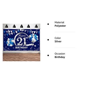 Kauayurk Happy 21st Birthday Banner Decorations for Boy Men, Blue Silver 21 Birthday Backdrop Party Supplies, 21 Year Old Birthday Photo Background Sign Decor