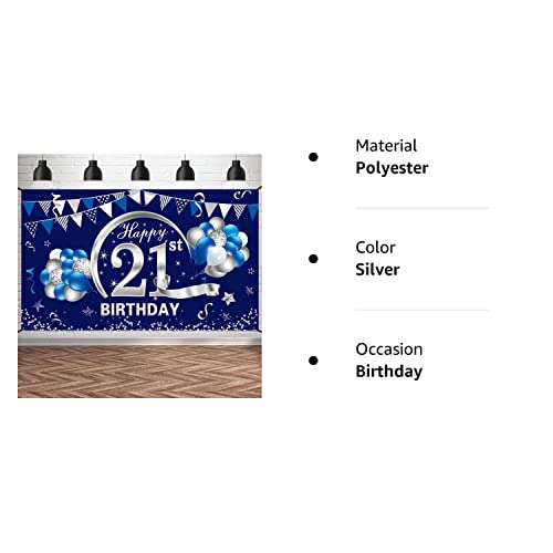 Kauayurk Happy 21st Birthday Banner Decorations for Boy Men, Blue Silver 21 Birthday Backdrop Party Supplies, 21 Year Old Birthday Photo Background Sign Decor