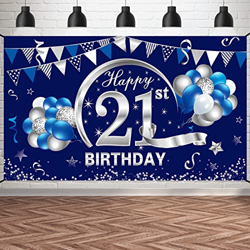 Kauayurk Happy 21st Birthday Banner Decorations for Boy Men, Blue Silver 21 Birthday Backdrop Party Supplies, 21 Year Old Birthday Photo Background Sign Decor