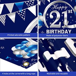 Kauayurk Happy 21st Birthday Banner Decorations for Boy Men, Blue Silver 21 Birthday Backdrop Party Supplies, 21 Year Old Birthday Photo Background Sign Decor