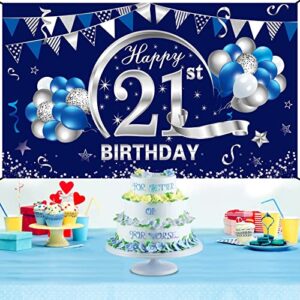 Kauayurk Happy 21st Birthday Banner Decorations for Boy Men, Blue Silver 21 Birthday Backdrop Party Supplies, 21 Year Old Birthday Photo Background Sign Decor