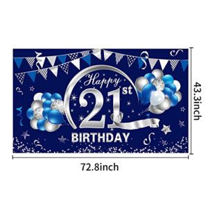 Kauayurk Happy 21st Birthday Banner Decorations for Boy Men, Blue Silver 21 Birthday Backdrop Party Supplies, 21 Year Old Birthday Photo Background Sign Decor