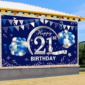 Kauayurk Happy 21st Birthday Banner Decorations for Boy Men, Blue Silver 21 Birthday Backdrop Party Supplies, 21 Year Old Birthday Photo Background Sign Decor