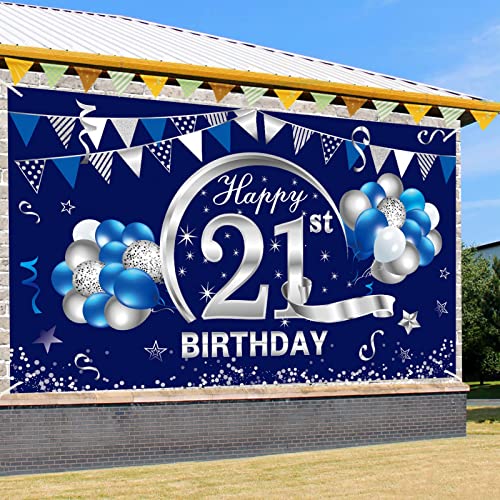 Kauayurk Happy 21st Birthday Banner Decorations for Boy Men, Blue Silver 21 Birthday Backdrop Party Supplies, 21 Year Old Birthday Photo Background Sign Decor