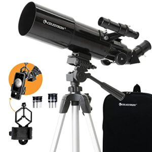 celestron – 80mm travel scope – portable refractor telescope – fully-coated glass optics – ideal telescope for beginners – bonus astronomy software package – digiscoping smartphone adapter