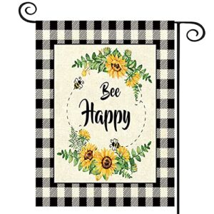 jawo welcome sunflower bee happy garden flag, spring summer flower buffalo plaid check decor farmhouse outside decoration outdoor small burlap flags, vertical double sided seasonal yard flag 12″x18″